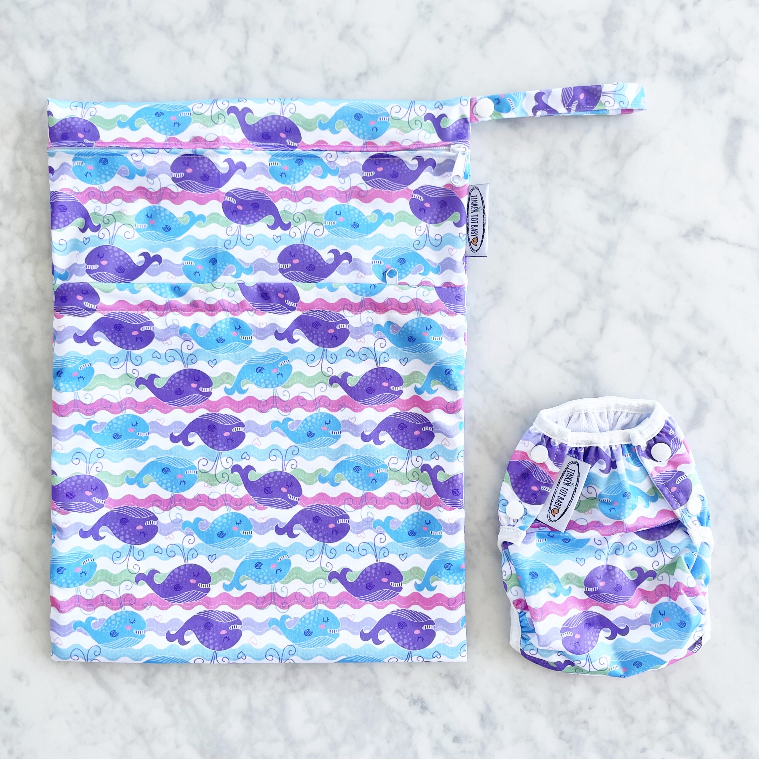 Reusable Swim Nappy & Wet Bag SET - Waves & Whales - Tinker Tot Baby